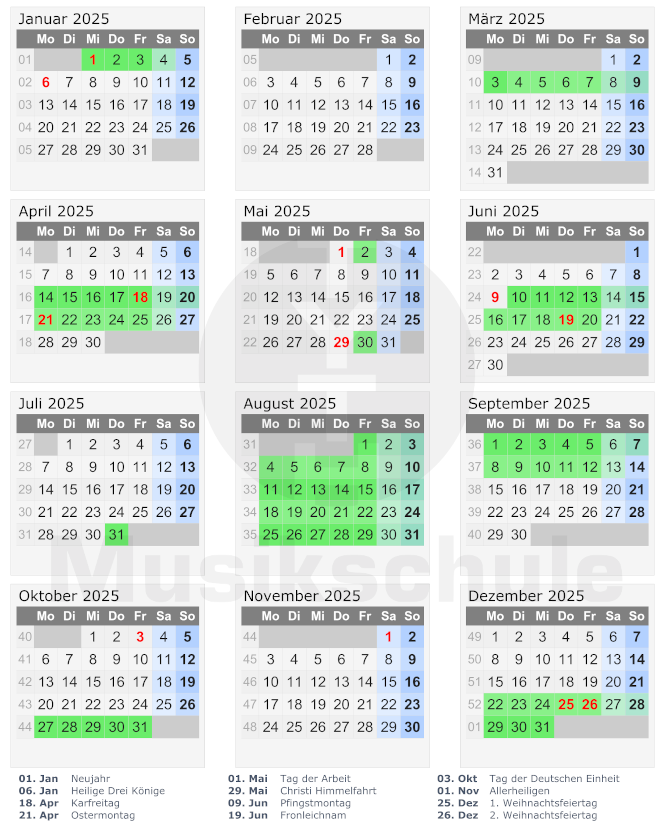 Ferienübersicht - TYTH-Musikschule